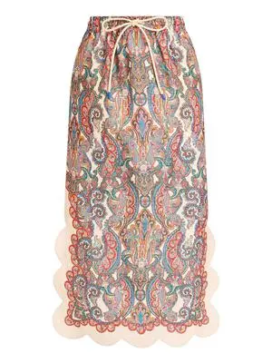 Zimmermann Scalloped Paisley-print Linen Midi Skirt - Multicolor