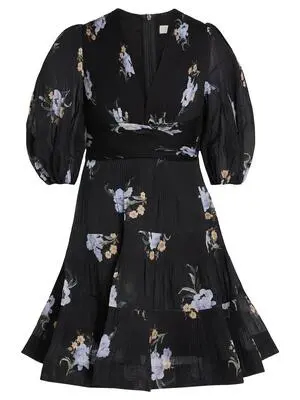 Zimmermann Floral Print Plissé Organza Mini Dress - Black