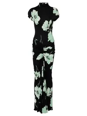 Alaïa Floral Ruched Jersey Maxi Dress - Black
