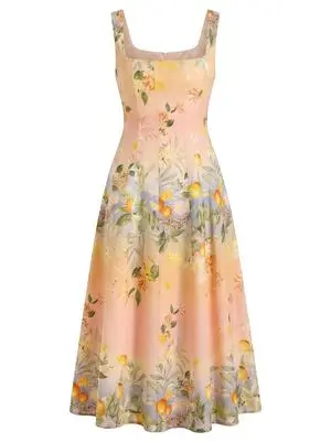 Yumi Kim Sienna Linen Blend Square Neck Midi Dress - Orange
