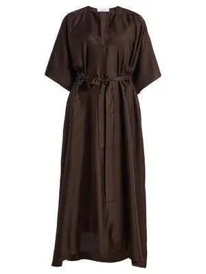 FERRAGAMO Belted Silk Midi Dress - Brown