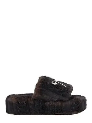 Balenciaga Faux Mink Platform Slippers With Crystal Bow - Brown