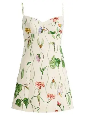 Cara Cara Cara Cara Linen Floral Print Spaghetti Strap Mini Dress Ivory