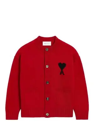 AMI Paris Wool Crewneck Cardigan With De Coeur Intarsia - Red