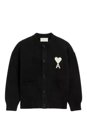 AMI Paris Crewneck Wool Cardigan With De Coeur - Black