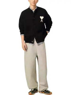 AMI Paris Wool Cardigan With De Coeur Intarsia - Black