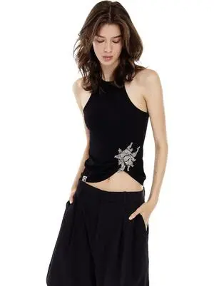 MOTHER OF ALL Ribbed Sunrose Halter Top - Black