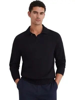 REISS Ashdown Cotton Open-collar Polo Jumper - Navy