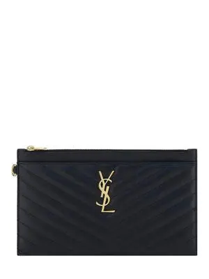 Saint Laurent Quilted Calfskin Clutch With Gold-plated Logo Plaque - Black