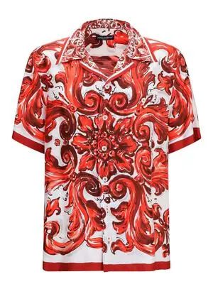 Dolce & Gabbana Maiolica Print Hawaii Shirt In Silk Twill - Red