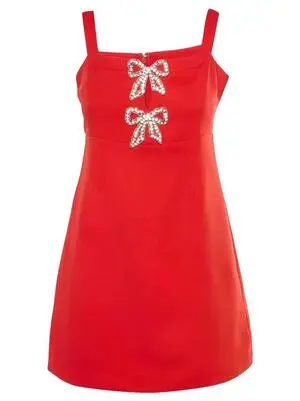 SELF-PORTRAIT Crepe Mini Dress With Crystal Embellished Bow - Red