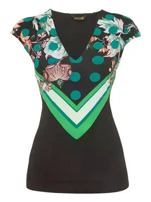 Roberto Cavalli Floral Print And Polka Dot V-neck Cap Sleeve Top - Black