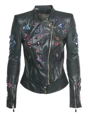 Roberto Cavalli Embellished Leather Biker Jacket - Black