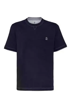 Brunello Cucinelli Logo-embroidered Contrast-trim T-shirt - Blue
