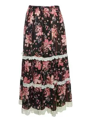 Gucci Floral-print Lace-trim Midi Skirt - Black