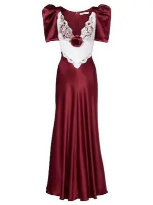 RODARTE Lace-trimmed Floral Appliqué Silk Gown - Red