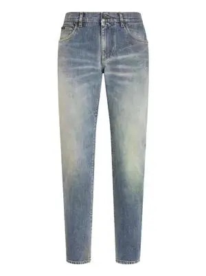 Dolce & Gabbana Slim Fit Logo Plaque Denim Trousers - Blue