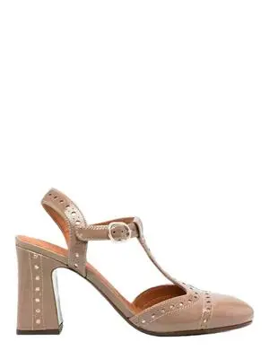 Chie Mihara Taupe Beige Leather Patent Brogue Detail T-bar Pumps - Neutrals