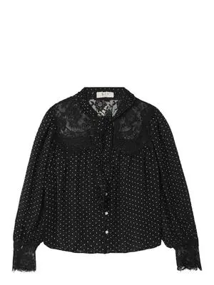 Sea Melody Long-sleeve Blouse With Lace Trim And Ruffles - Black