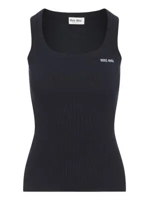 Miu Miu Ribbed Knit Tank Top With Embroidered Logo - Blue