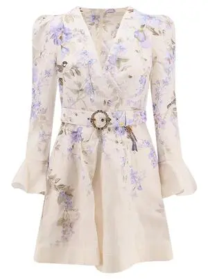 Zimmermann Luna Short Linen Dress With Songbird Print - Blue