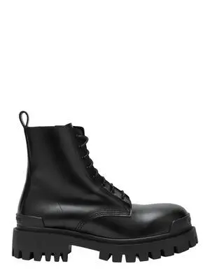 Balenciaga Calfskin Leather Combat Boots With Embossed Logo - Black