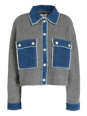 Sandro Denim Paneled Cable-knit Jacket - Gray