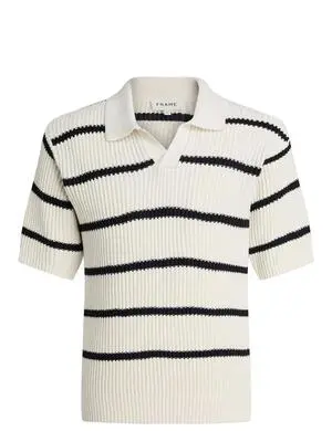 FRAME Striped Ribbed Cotton And Silkblend Polo Shirt - Ivory