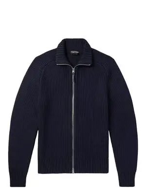 TOM FORD Slim-fit Ribbed Silk And Merino Wool-blend Cardigan - Navy