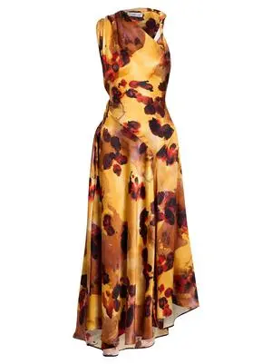 Victoria Beckham Draped Printed Silk-satin Maxi Dress - Saffron