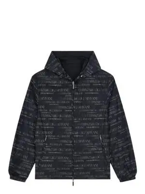 Emporio Armani Hooded Blouson Jacket With All-over Print - Blue