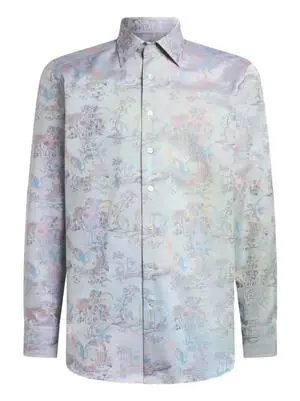 Etro Cotton Jacquard Shirt With Flower And Animal Motif - Blue