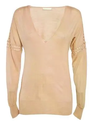 Chloé Wool V-neck Sweater With Eyelet Detailing - Neutrals