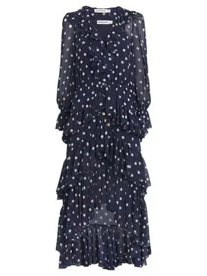 SELF-PORTRAIT Tiered Polka-dot Midi Dress - Navy