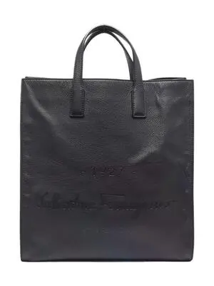 FERRAGAMO Debossed Logo Leather Tote Bag - Black