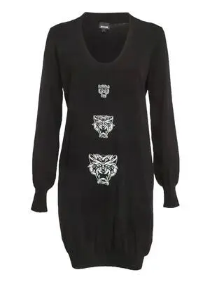 Just Cavalli Logo Intarsia Knit Mini Sweater Dress - Black