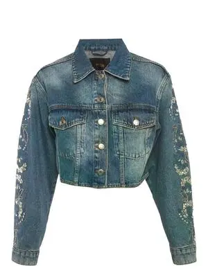 Maje Embellished Cropped Denim Jacket - Blue