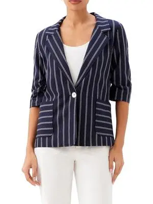 Karen Kane Stripe Ruched Sleeve Stretch Cotton Jacket - Navy