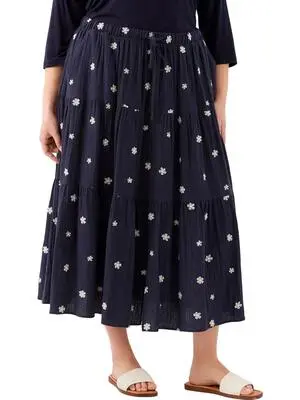 Karen Kane Tiered Floral Embroidered Cotton Midi Skirt - Navy
