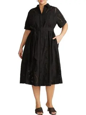 Universal Standard Eyelet Tie Waist Poplin Shirtdress - Black