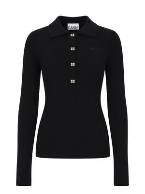 GANNI Wool Knit Polo Shirt - Black