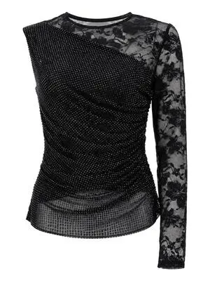 SELF-PORTRAIT Embellished One-shoulder Lace Top - Black