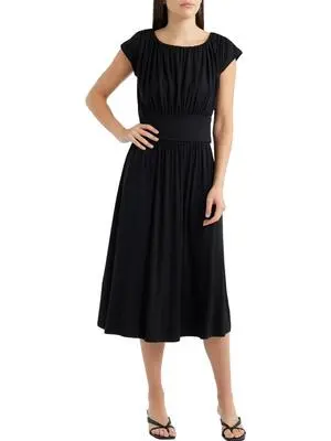Loveappella Cap Sleeve Ruched Midi Dress - Black