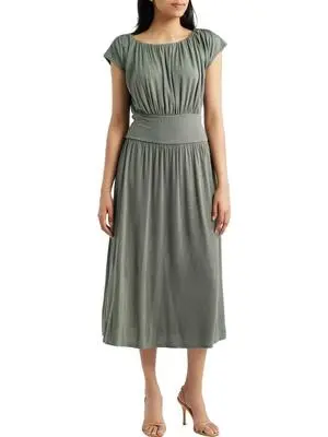 Loveappella Cap Sleeve Ruched Midi Dress - Olive