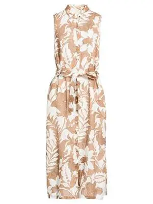 120% Lino Linen Floral Print Midi Shirt Dress - Beige