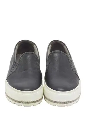 BRUNELLO CUCINELLI Brunello Cucinelli Black Leather Monili Chain Embellished Slip-On Sneakers