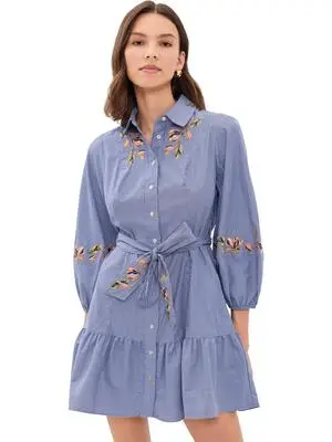 Shoshanna Gwen Embroidered Pinstripe Shirt Dress - Lapis Multi