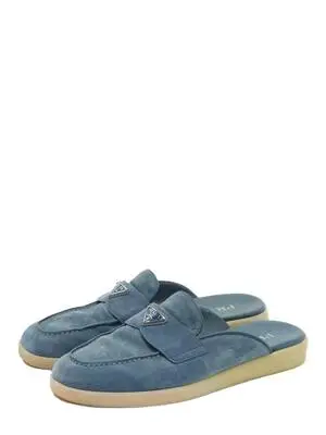Prada Suede Flat Mules With Logo Plaque - Blue