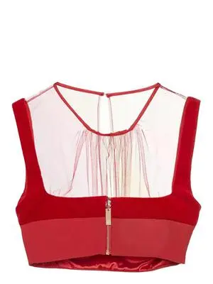 Elisabetta Franchi Velvet Crop Top With Tulle Panels - Red