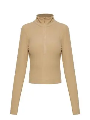 Nike Long Sleeve Ribbed Cropped Top With Stand Collar And Half Zip - Beige